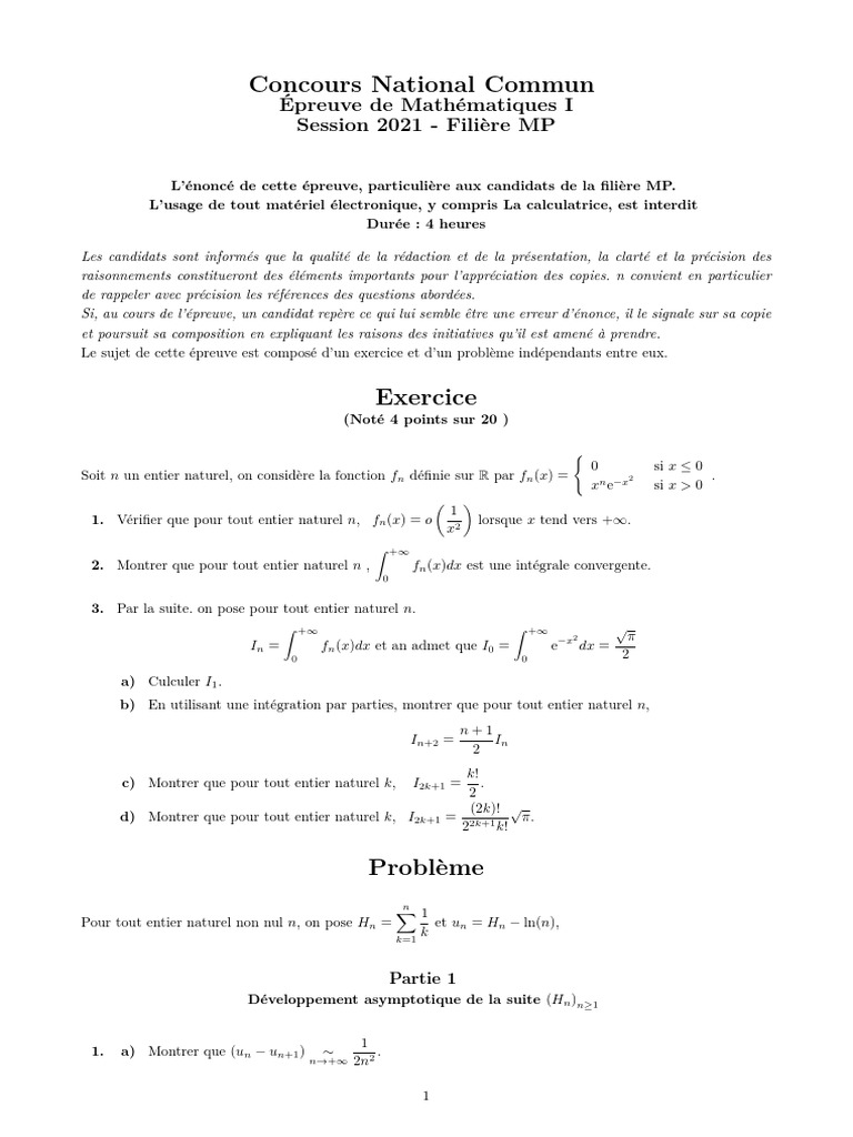 Concours National Commun: Épreuve de Mathématiques I Session 2021 ...
