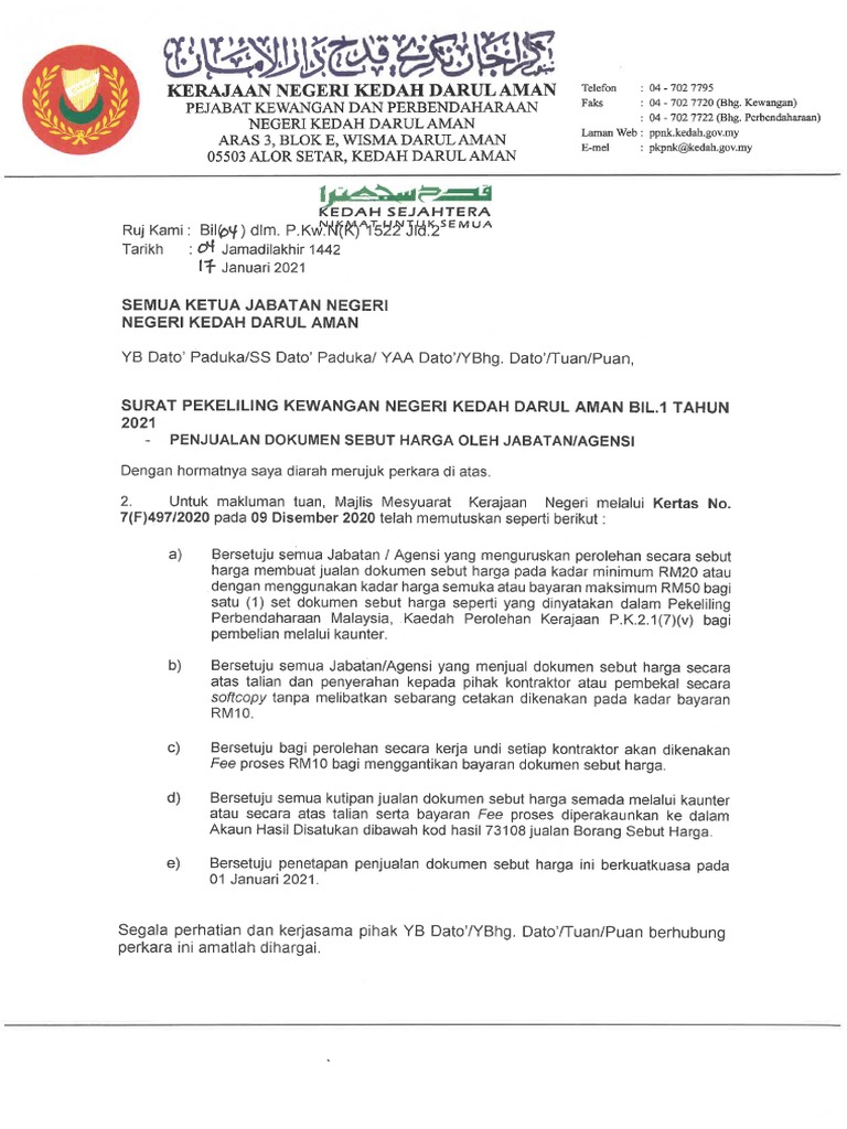 Surat Pekeliling Perbendaharaan Negeri Kedah Bil.1.2021 - Penjualan ...