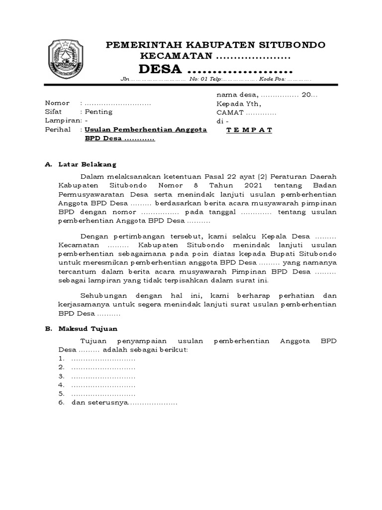 Contoh - Surat Pemberhentian BPD (Kepala Desa) | PDF Contoh - Surat Pemberhentian BPD (Kepala Desa) | PDF