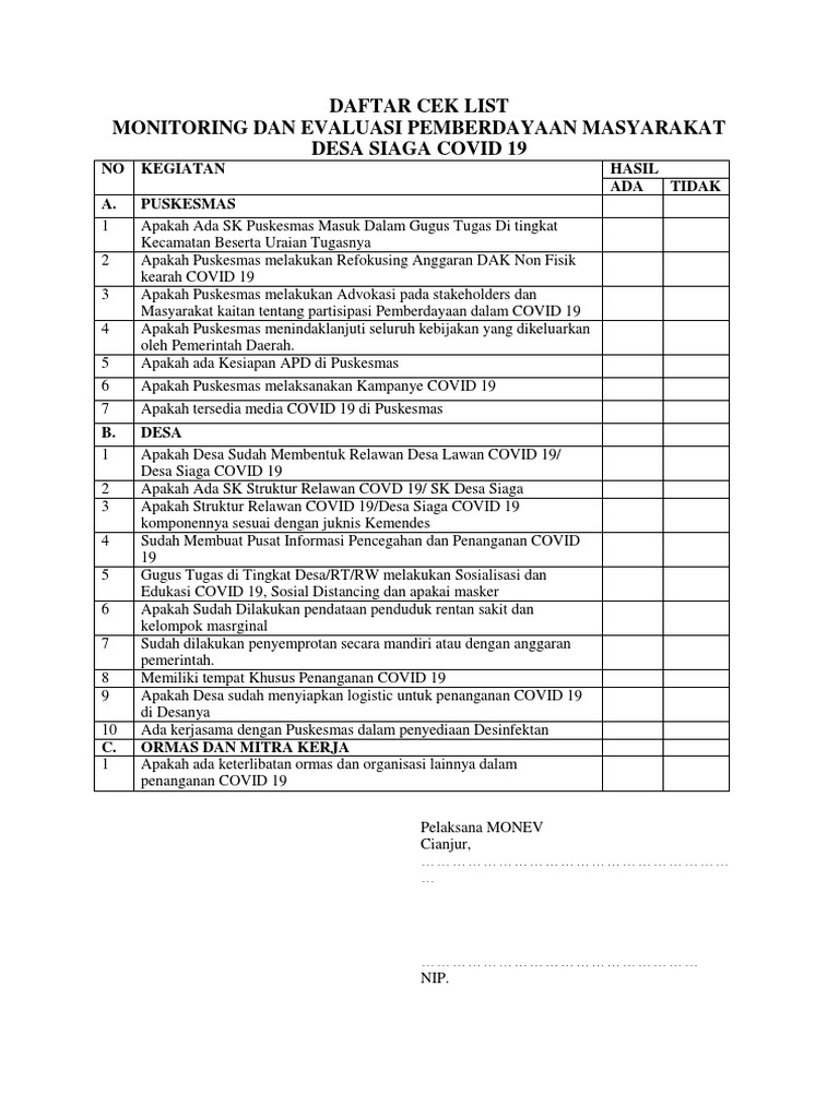 Daftar Cek List Monev Covid-19 | PDF