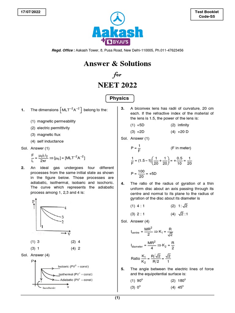 NEET 2022 Physics Solutions | PDF | Alternating Current | P–N Junction