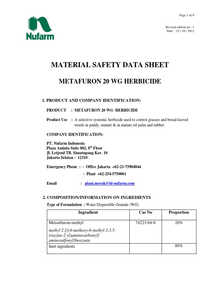 MSDS Metafuron 20 WG | Download Free PDF | Dangerous Goods | Toxicity