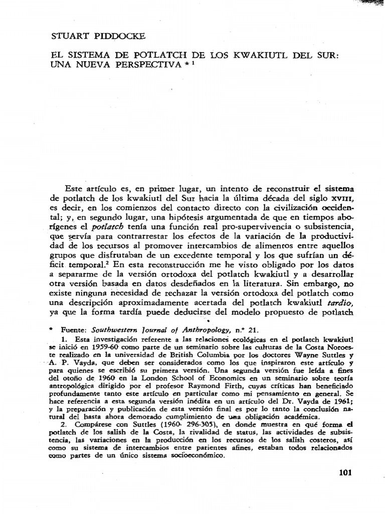 Stuart Piddocke (1965). El Sistema Potlatch | PDF | Nobleza | Alimentos
