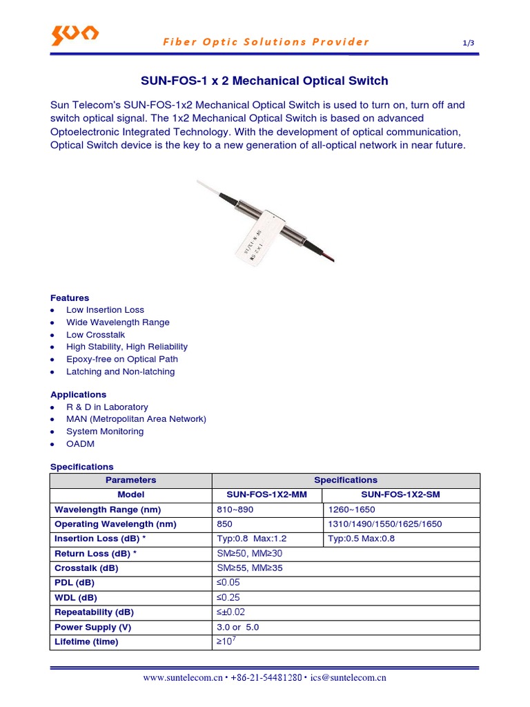SUN-FOS-1×2 Mechanical Optical Switch | PDF | Optical Fiber | Electronics