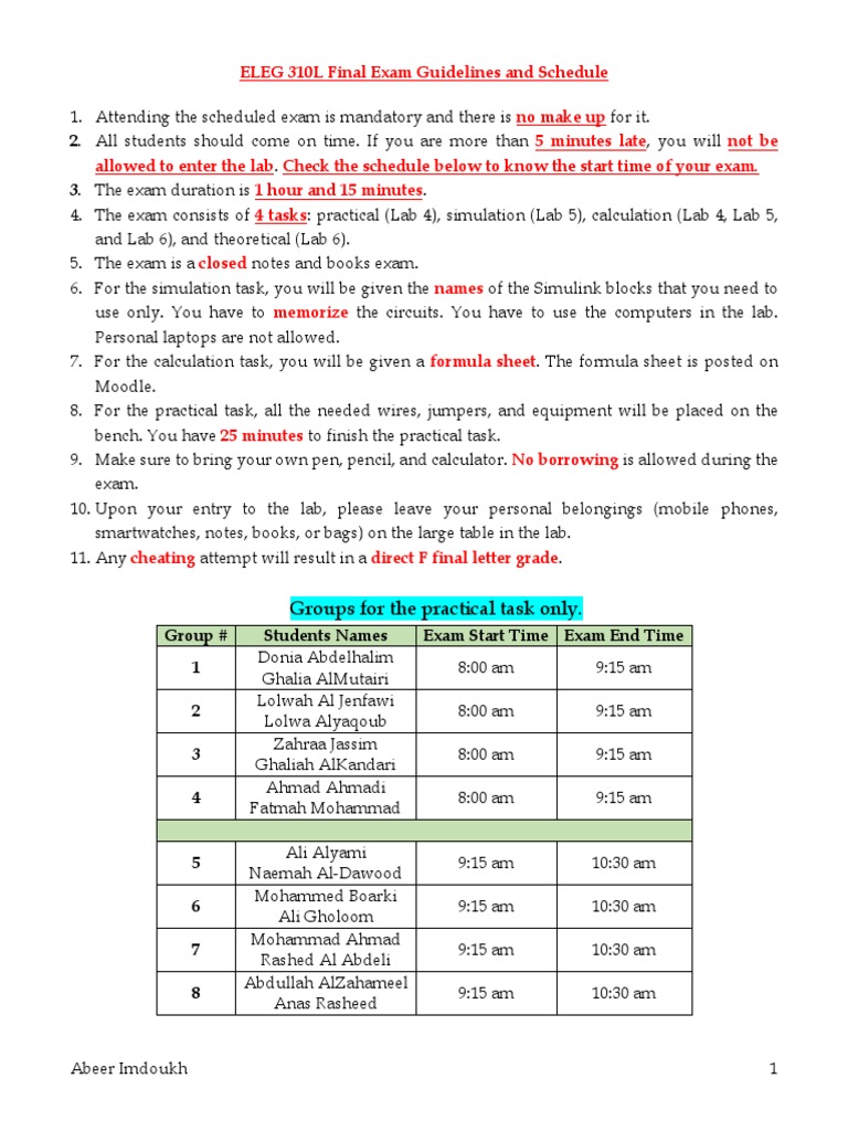 ELEG 310L Final Exam Guidelines and Schedule | PDF | Computing