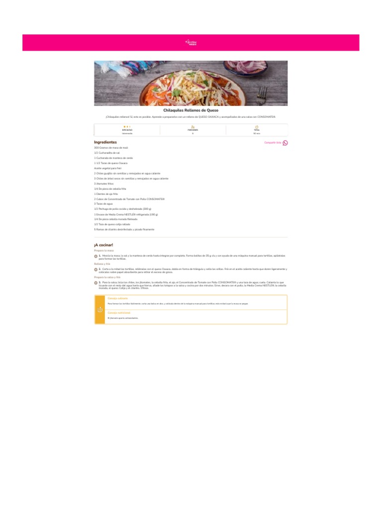 Chilaquiles Rellenos de Queso - Recetas Nestlé | PDF | Fritura | Salsa Chilaquiles Rellenos de Queso - Recetas Nestlé | PDF | Fritura | Salsa