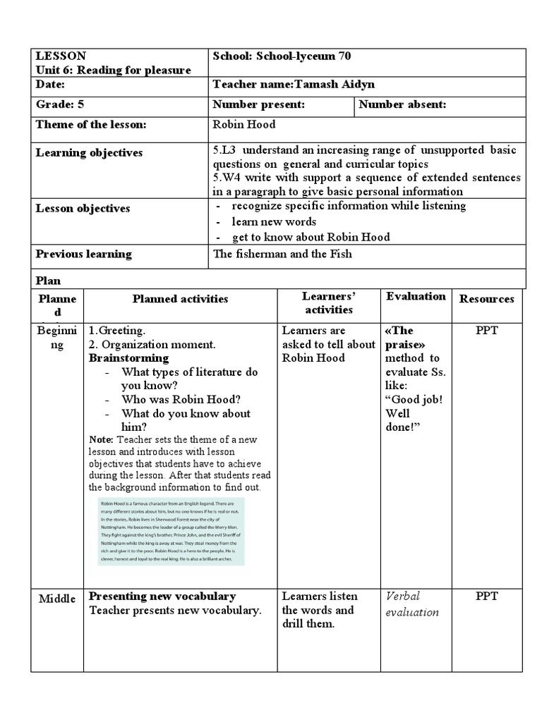 Grade 5 Lesson: Robin Hood Reading | PDF | Pedagogy | Teaching