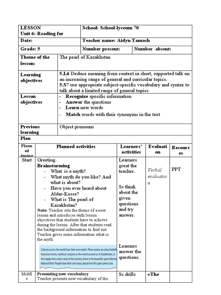 Reading Lesson: The Pearl of Kazakhstan | PDF | Vocabulary | Linguistics