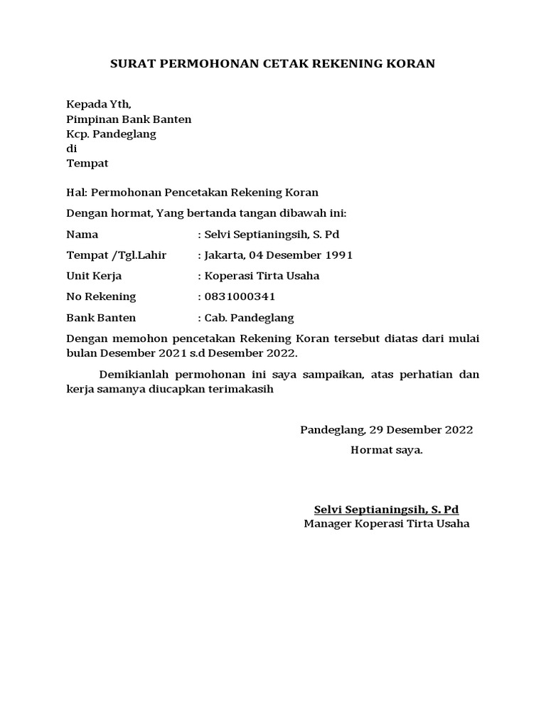 Surat Permohonan Cetak Rekening Koran | PDF