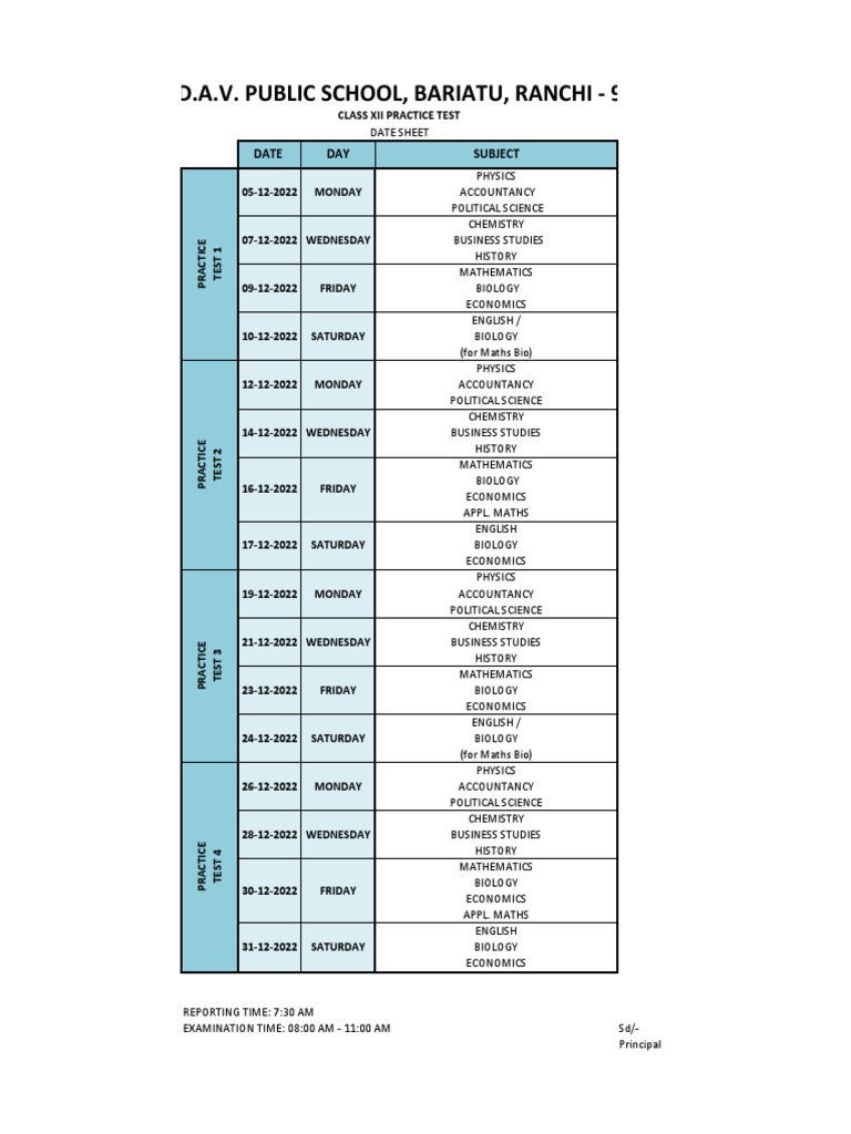 Class XII Practice Test Date Sheet | PDF | Science