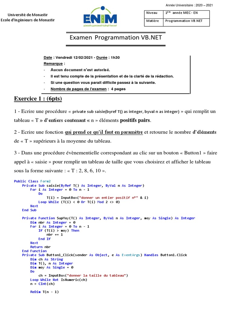 Correction Examen VB Mecanique 2020 21 | PDF | Notation | Informatique
