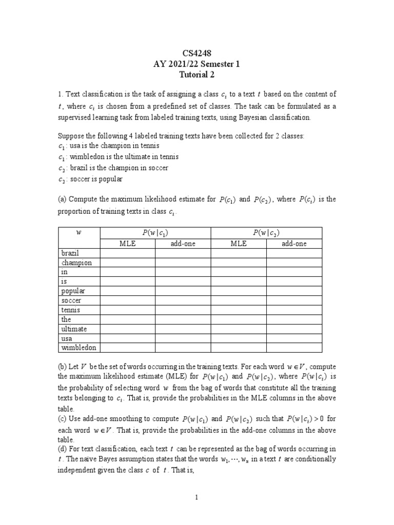 CS4248 Tutorial 2 Text Classification and Edit Distance Algorithm | PDF | Statistical Theory ...