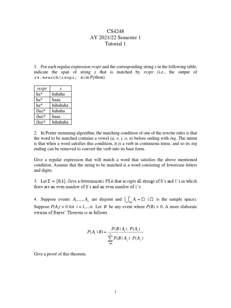 CS4248 Tutorial 1: Regular Expressions, Bayes' Theorem, Noisy Channel Model | PDF | Regular ...