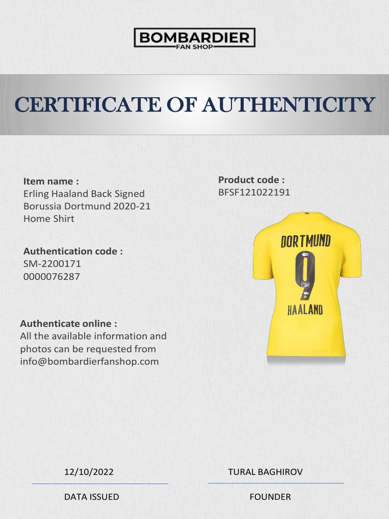 Certificate of Authenticity: Item Name: Product Code | PDF | Uefa Champions League | Sports