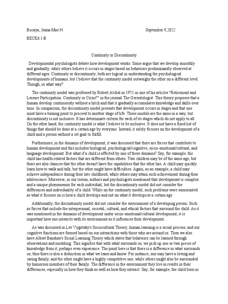 Continuity Or Discontinuity Pdf Developmental Psychology Behavior