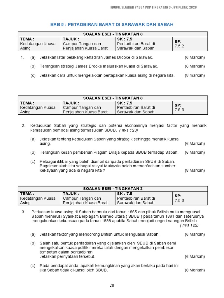 F3 Sejarah Soalan Esei Bab 5 | PDF