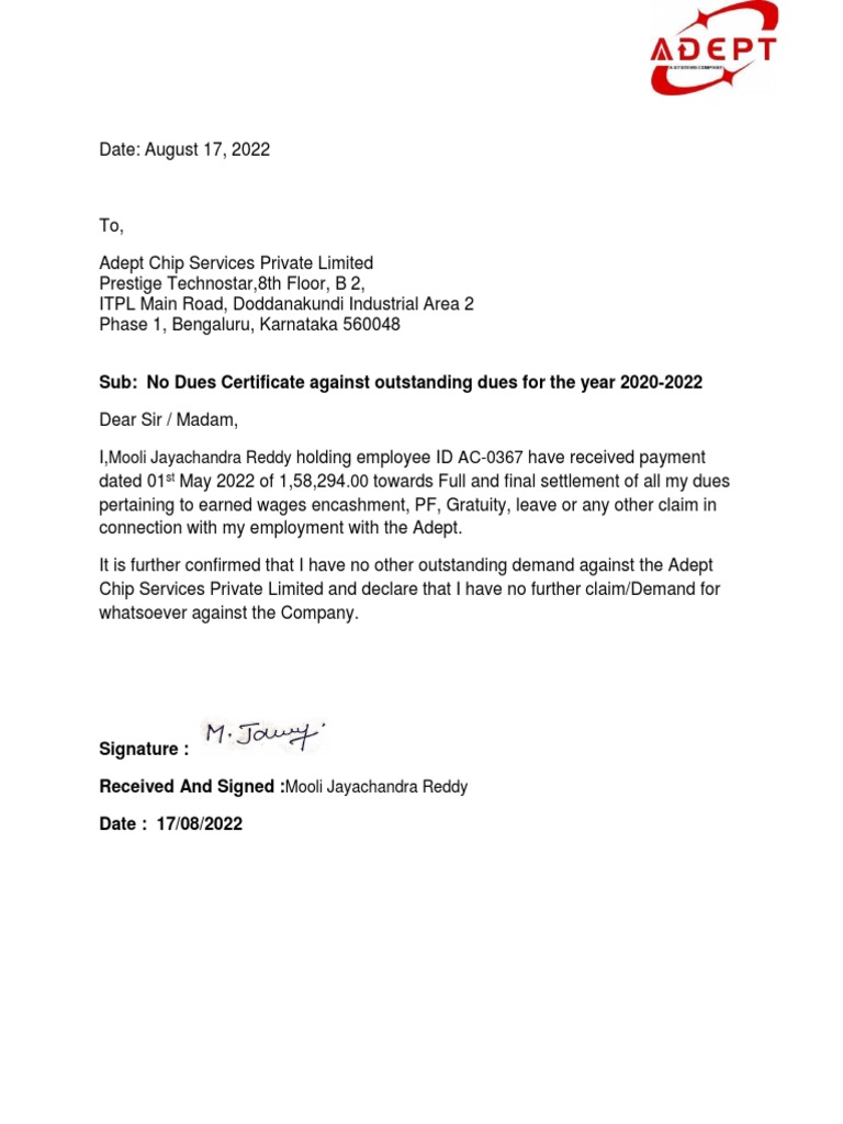 Mooli Jayachandra Reddy - No Dues Certificate | PDF