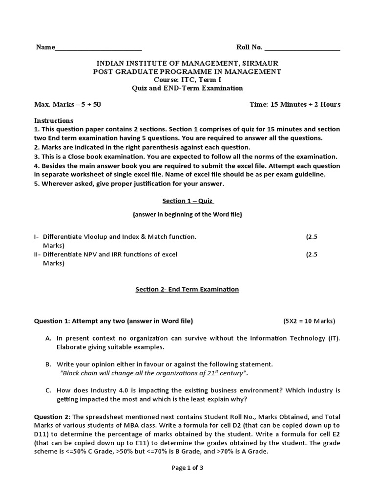 IIM Sirmaur exam paper breakdown | PDF | Spreadsheet | Question