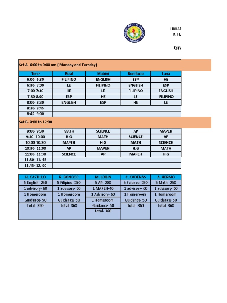Grade Six Class Schedule S.Y 2022 2023 | PDF | Metro Manila | Manila
