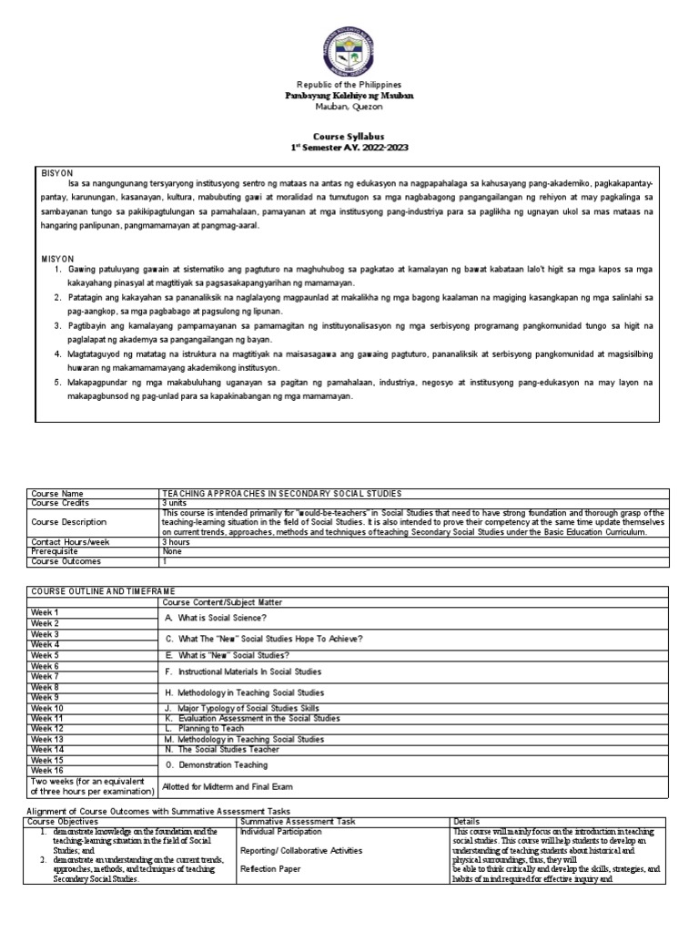 Syllabus TEACHING APPROCHES IN SECONDARY SOCIAL STUDIES | PDF
