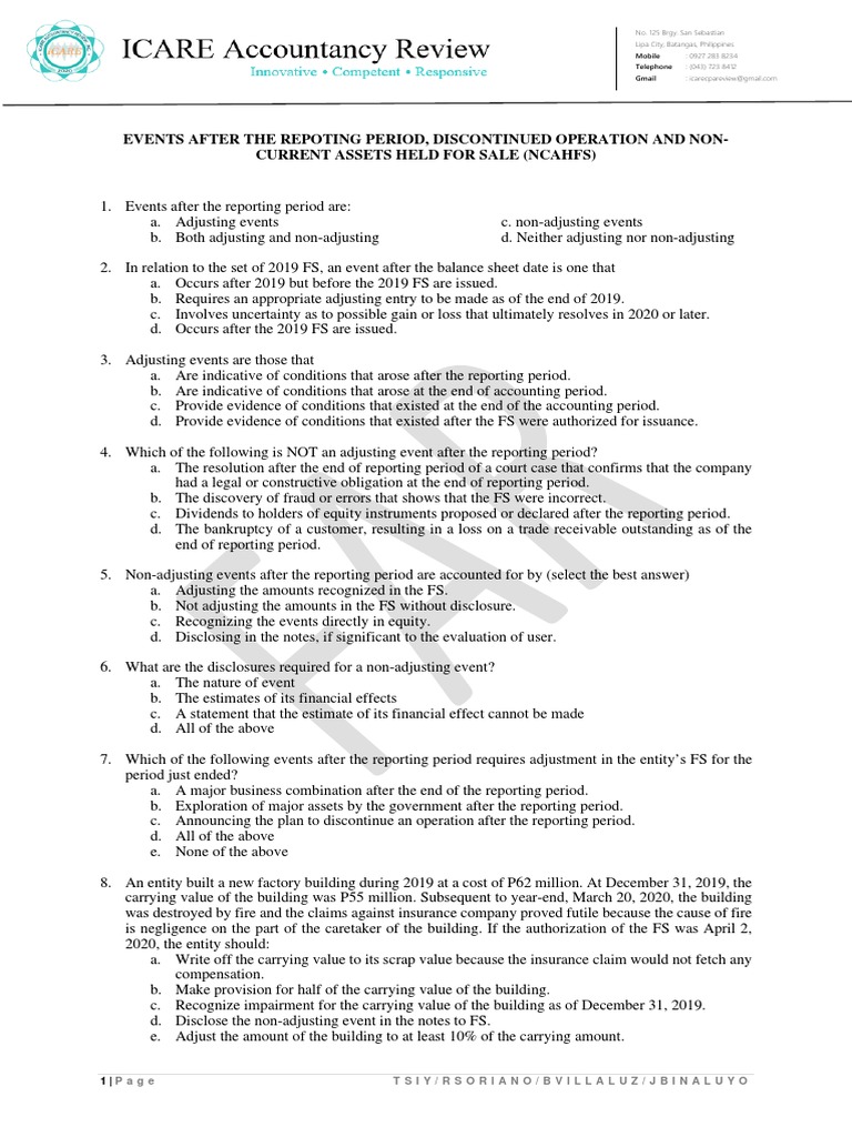 Events After the Reporting Period, Discontinued Operations, and Non ...