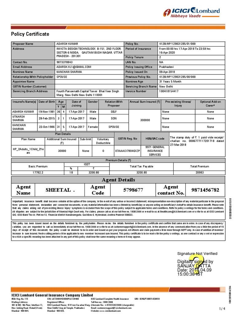 Policy Certificate for Adarsh Kumar | PDF | Insurance | Business Law