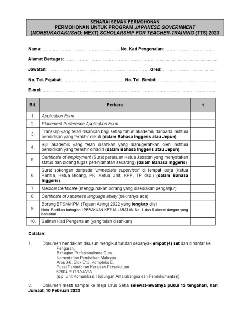 7 Senarai Semak MEXT TTS 2023 | PDF