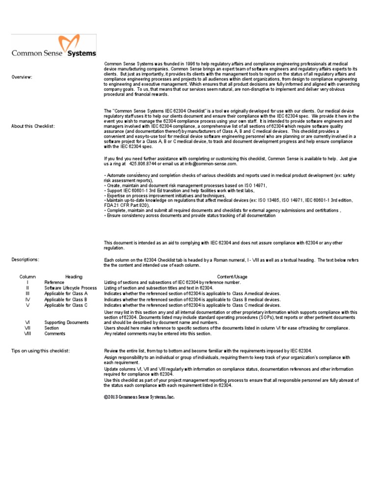 IEC62304 Compliance CheckList | PDF | Medical Device | Regulatory ...