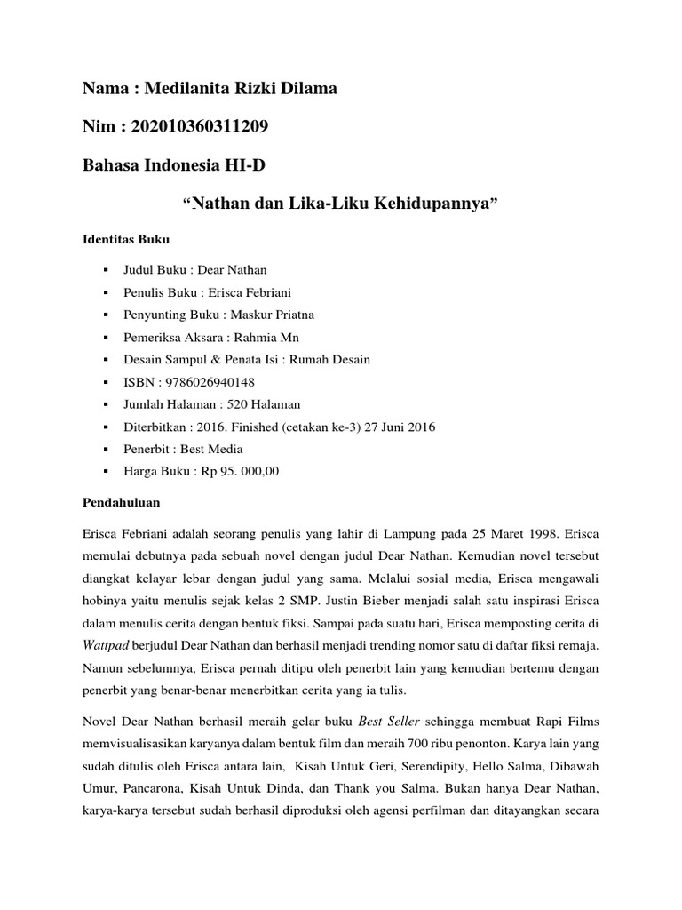 Analisis Novel Dear Nathan | PDF | Fiksi Umum