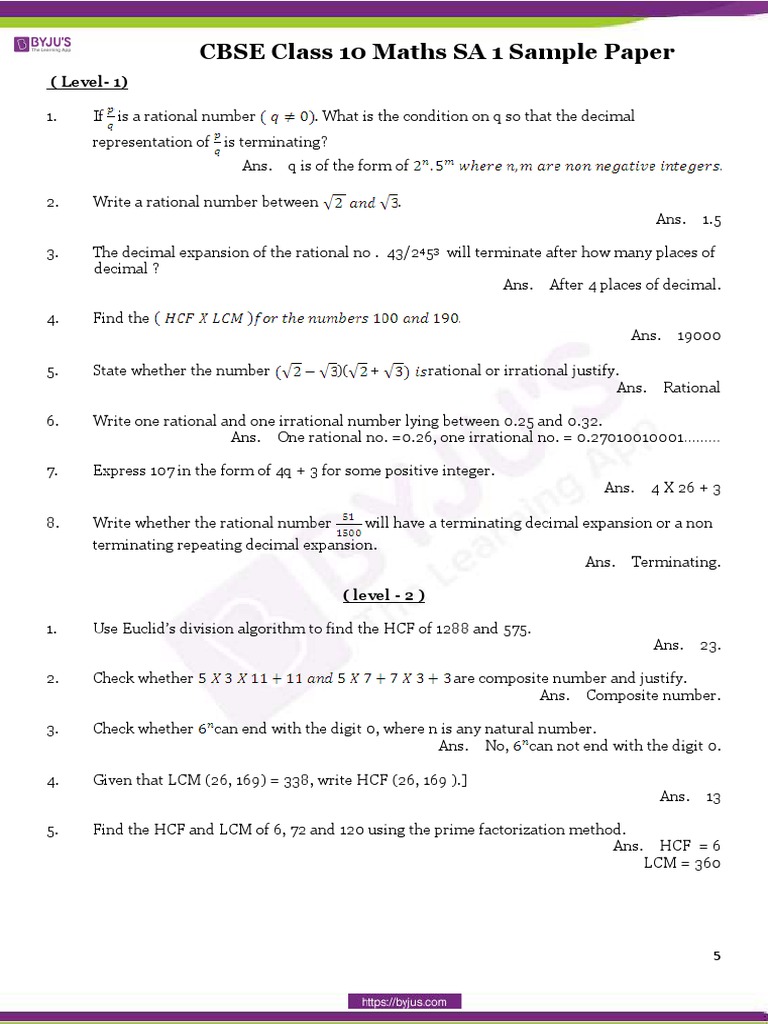 CBSE Class 10 Maths SA 1 Sample Paper Solved | PDF | Polynomial | Trigonometric Functions