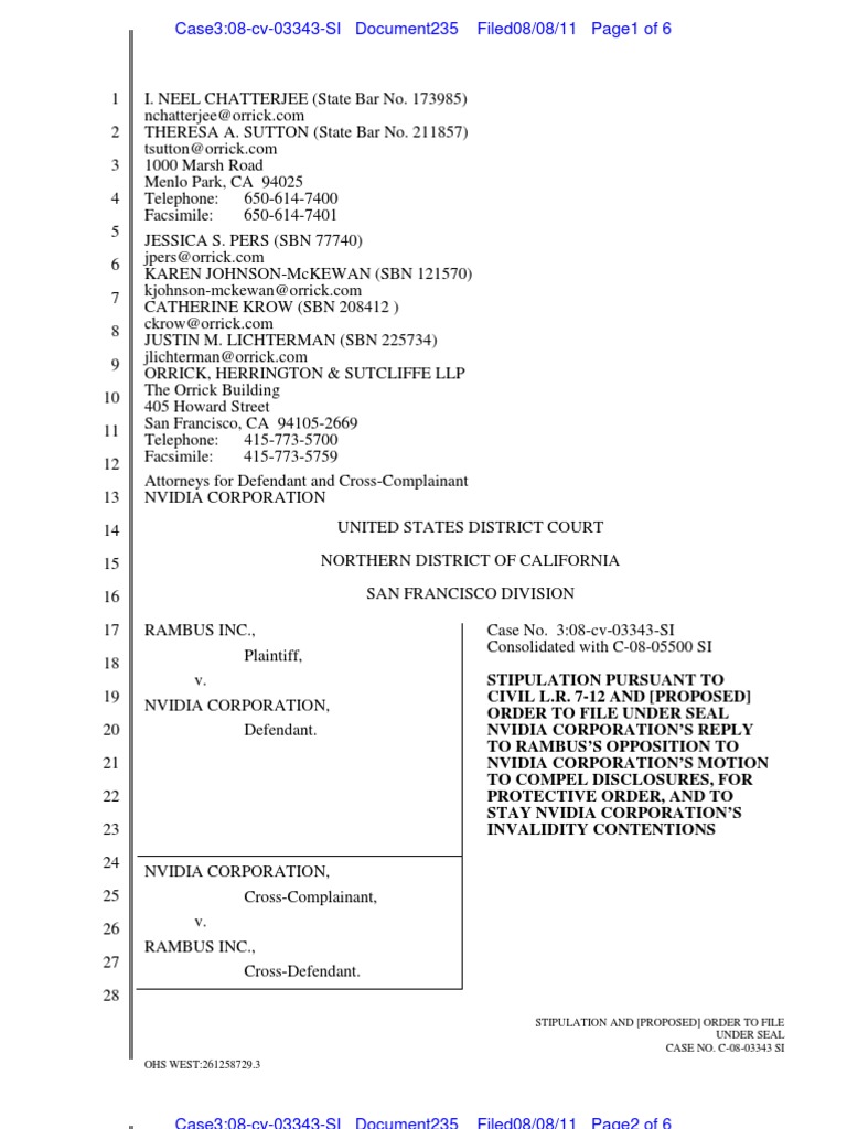 Stipulation and (Proposed) Order To File Under Seal CASE NO. C-08-03343 ...