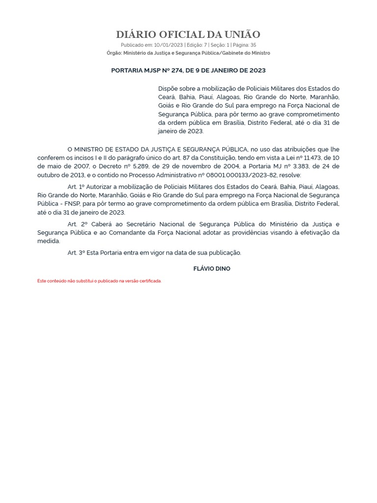 Portaria MJSP #274, de 9 de Janeiro de 2023 - Portaria MJSP #274, de 9 ...