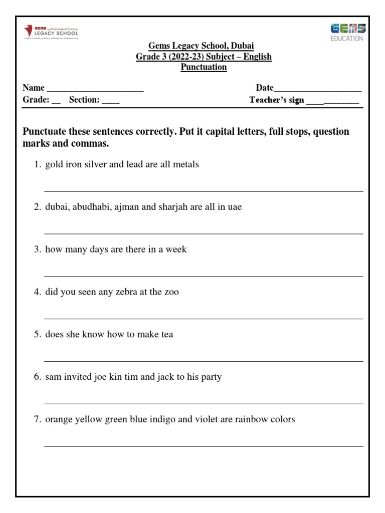 Grade 3 - Punctuations - 1 | PDF