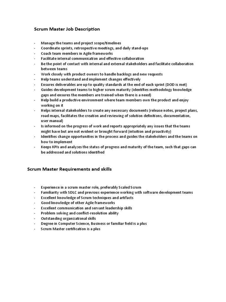 Scrum Master Job Description | PDF