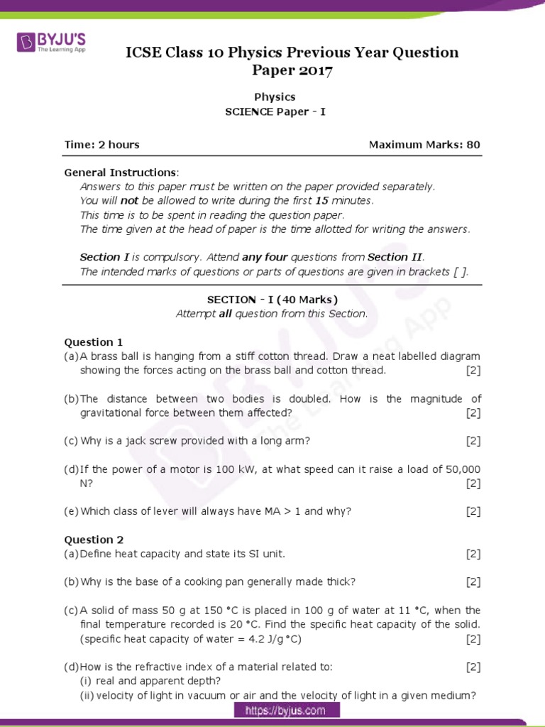 ICSE Class 10 Physics Question Paper 2017 | PDF | Frequency | Refraction