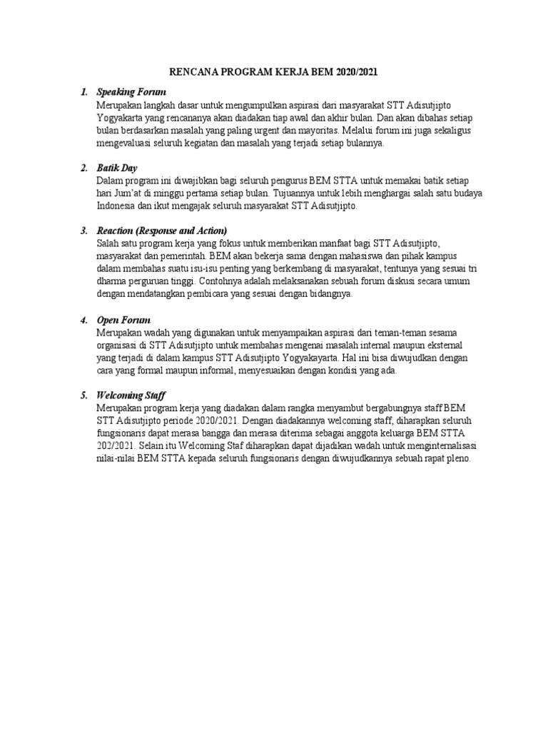 Rencana Program Kerja Bem 2021 | PDF