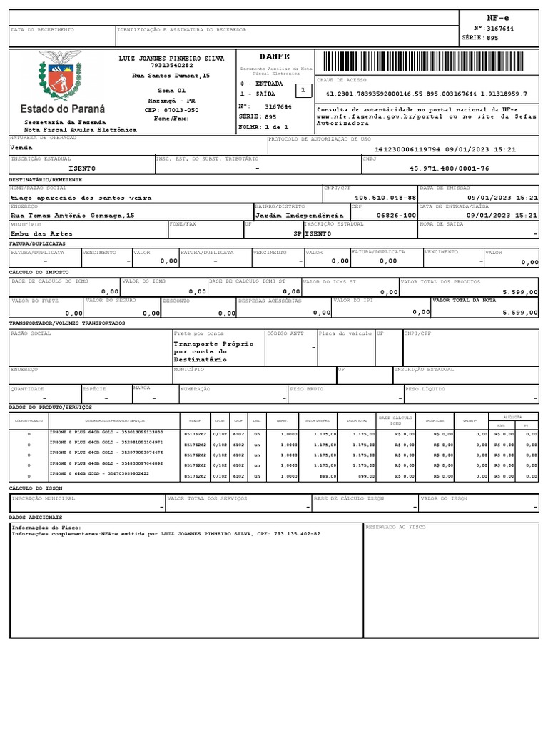 Tiago Aparecido Dos Santos Veira | PDF | Recibo | Business
