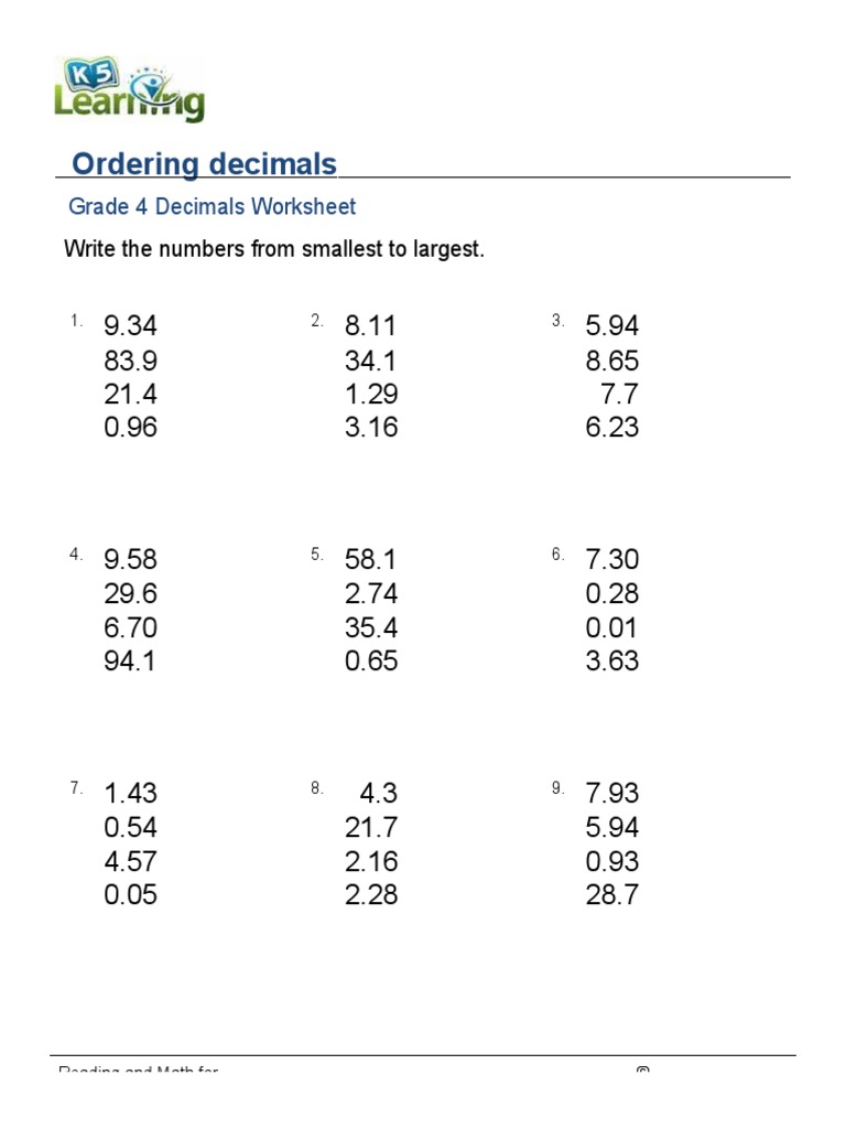 Grade 4 Order Decimals A Abcdpdf PDF To Word | PDF