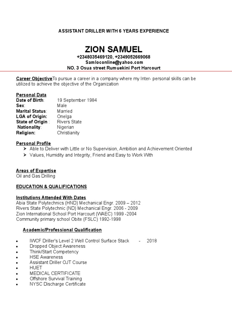Assistant Driller CV: 6 Years Experience | PDF | Oil Well | Drilling Rig