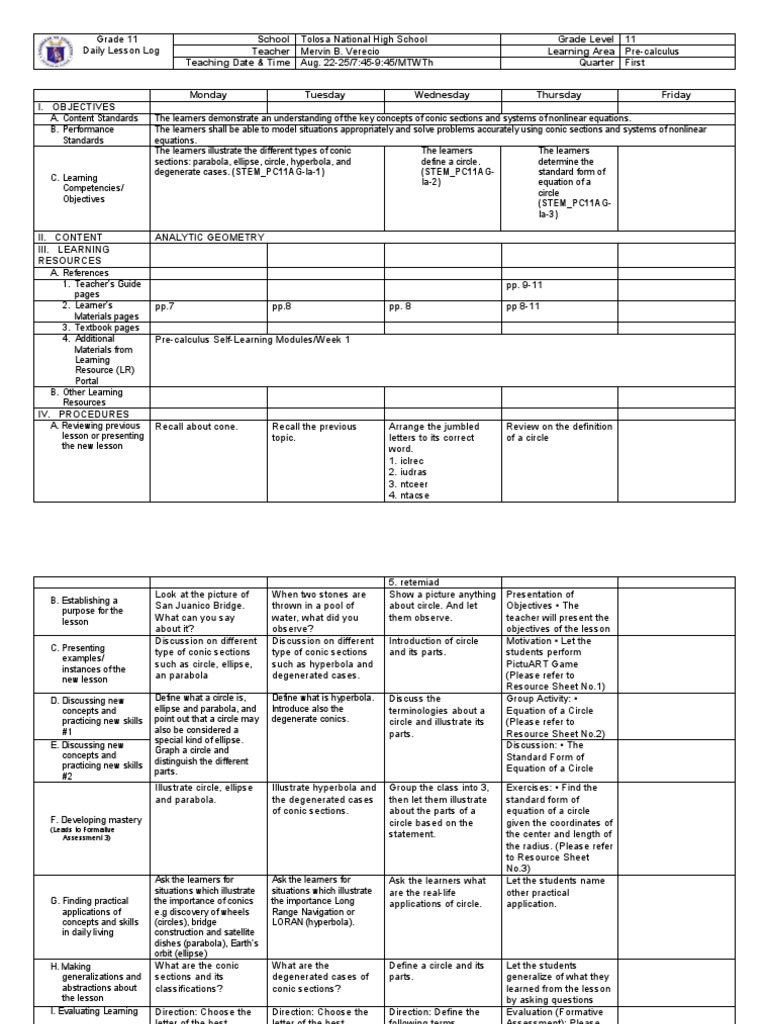 DLL Grade 11 Precal Week 1 | PDF | Ellipse | Circle