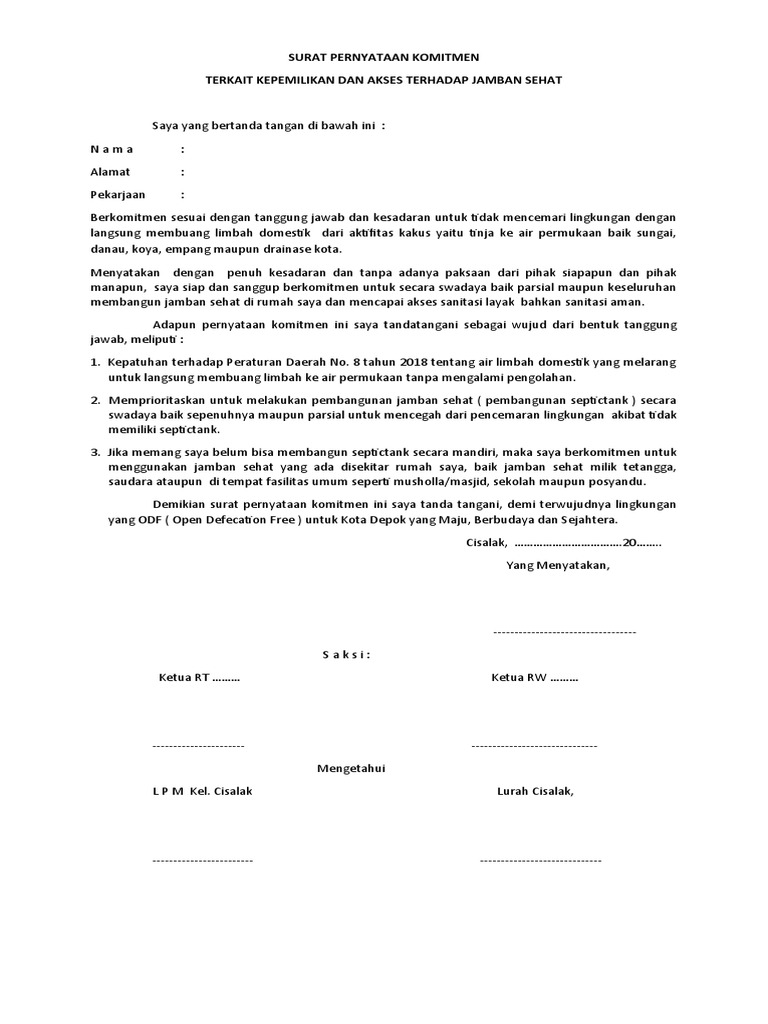 Surat Pernyataan Komitmen Odf | PDF