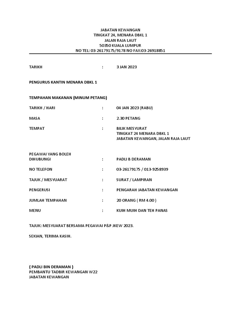 23.9.2022 Tempahan Order Makanan Mesyuarat P&P Jkew 2023 | PDF