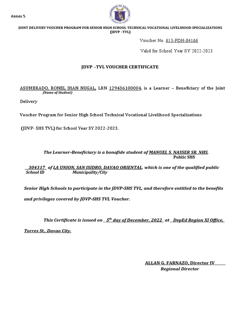 1 - JDVP Annex 5 JDVP TVL Voucher Certificate SY 2022 2023 | PDF