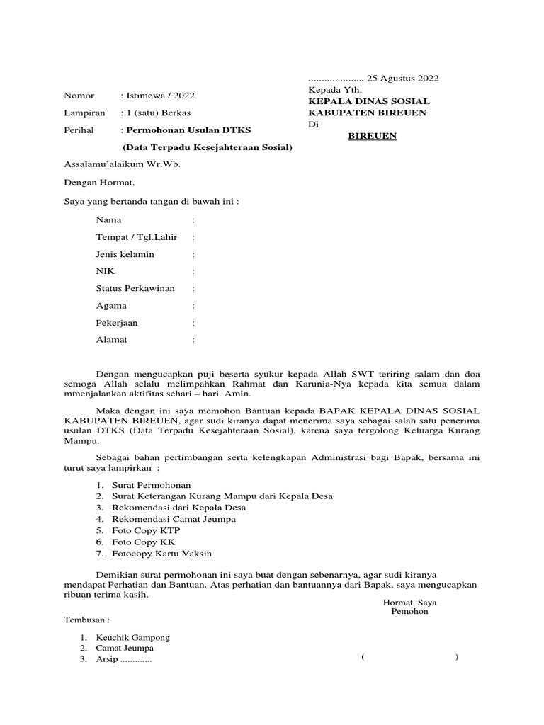 Contoh Permohonan DTKS | PDF