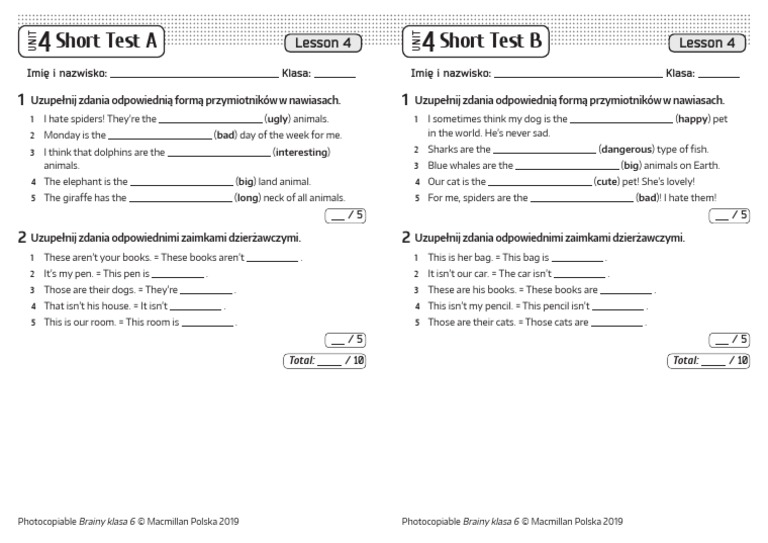 Brainy kl6 Short Tests Unit 4 Lesson 4 | PDF | Cetaceans | Organisms