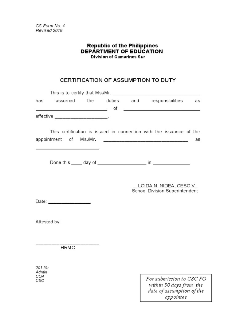 CS Form No 4 Rev2018-Cert of Assumption To Duty | PDF | Career & Growth