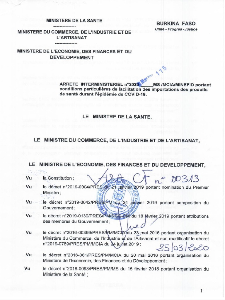Arrêté Interministériel N°115 Portant Conditions Particulières de Facilitation Des Importations ...