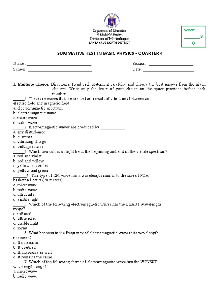 Physics Quiz Sum | PDF | Electromagnetic Radiation | Electromagnetic ...
