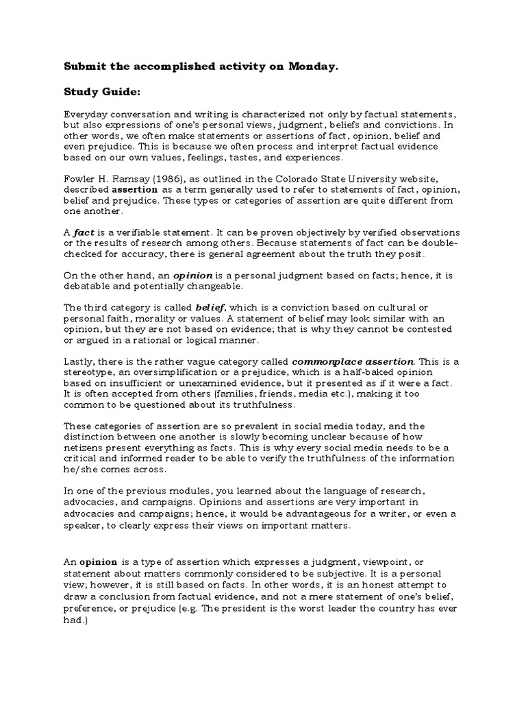 Formulating Statement of Fact, Opinon, and Assertion | PDF | Truth | Opinion