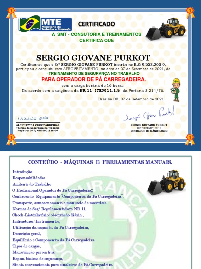 Certificado de Treinamento NR 11 Operador de Retro Escavadeira | PDF